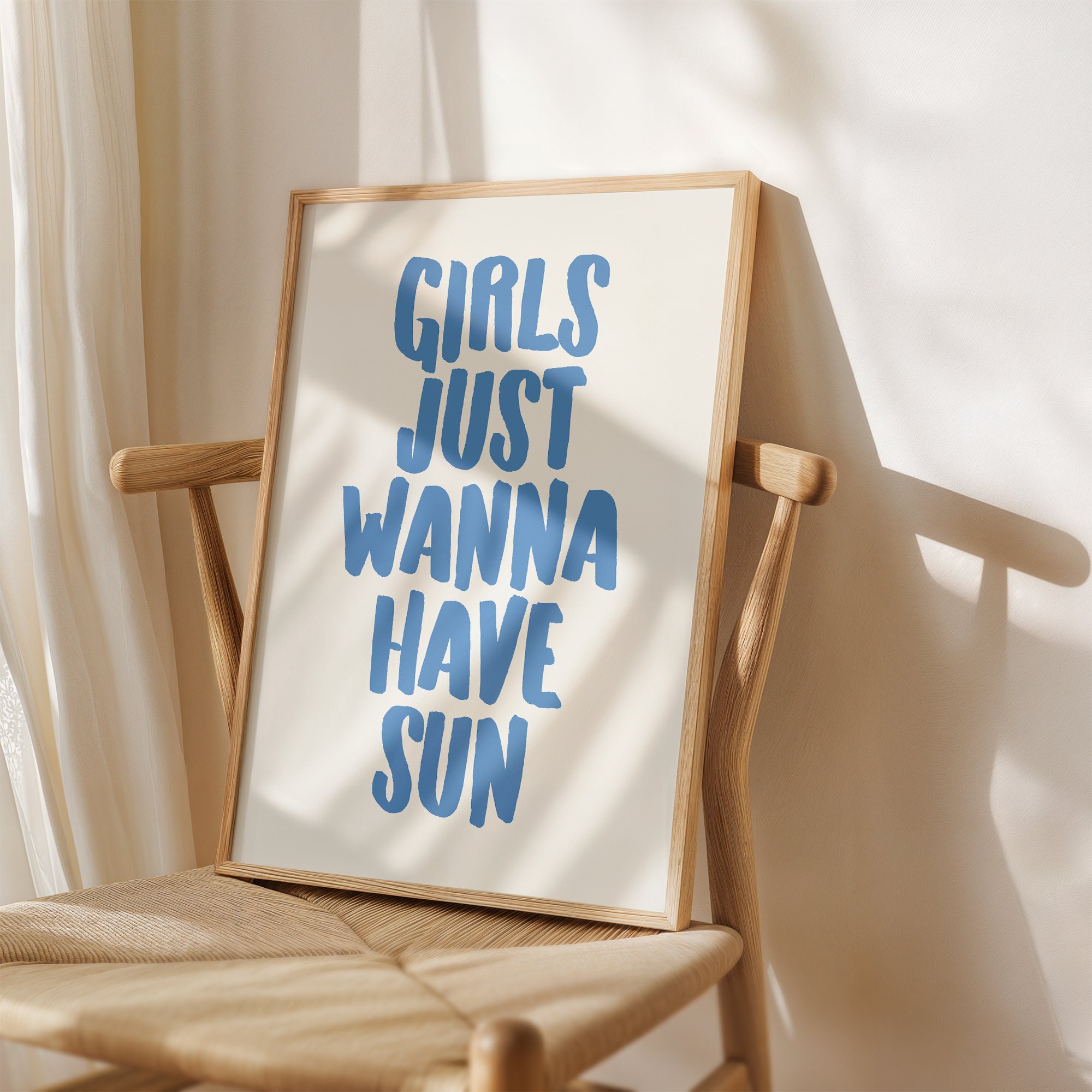 Girls Wanna Have Sun Poster, Trendy Blue Coastal Print, Typography ...