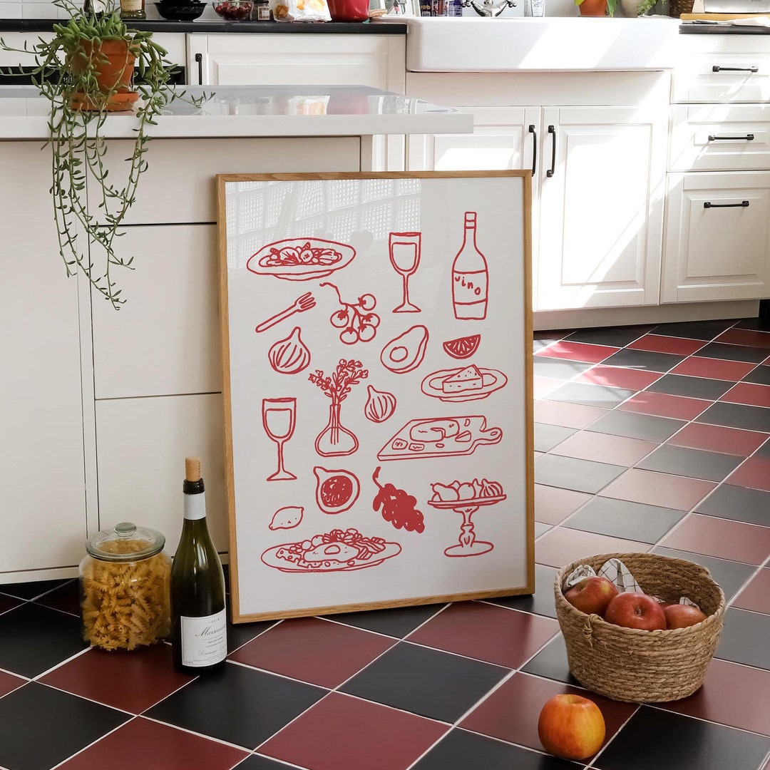 Retro Dinner Table Art Print: Hand-drawn Food & Drinks (digital ...