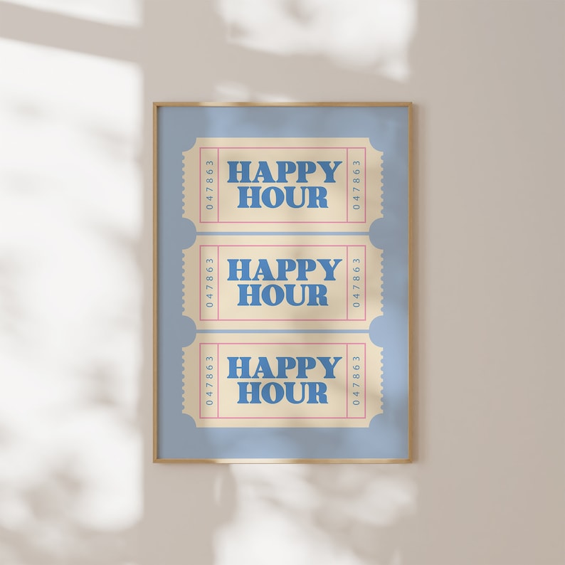 Happy Hour Ticket Print, Bar Cart Decor, Trendy Wall Art, Retro Ticket ...