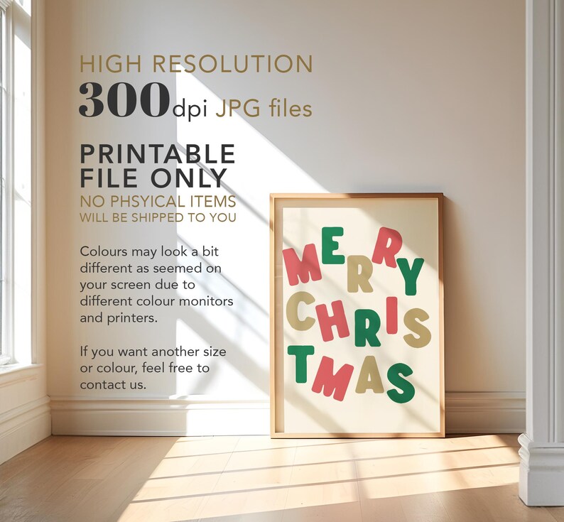 Merry Christmas Print, Christmas Wall Art, Christmas Poster, Colourful ...
