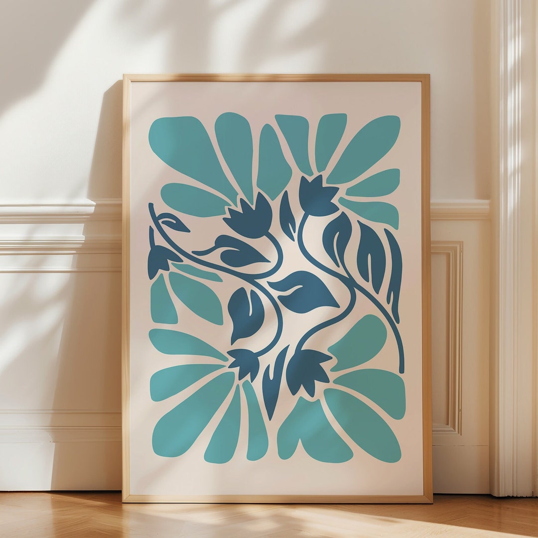 Blue Boho Flower Print, Abstract Botanical Wall Art, Blue Floral ...