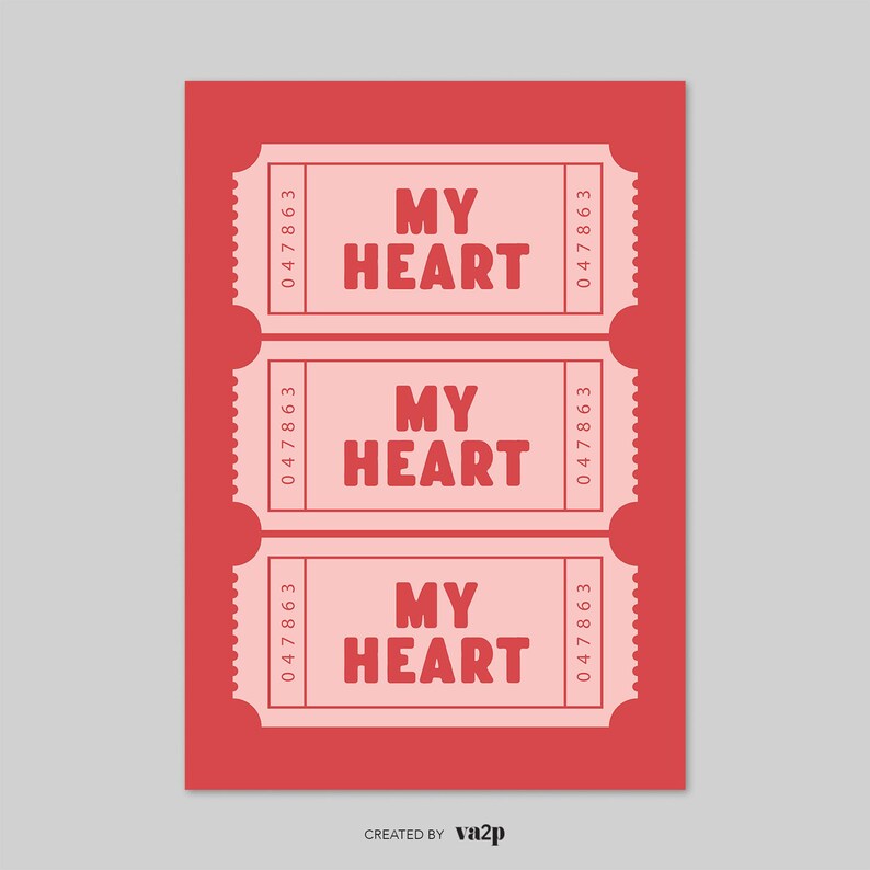 My Heart Ticket Print in Pink and Red, Girly Valentines Home Decor ...