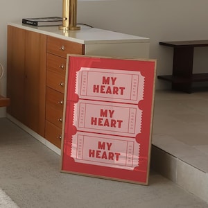 My Heart Ticket Print in Pink and Red, Girly Valentines Home Decor ...