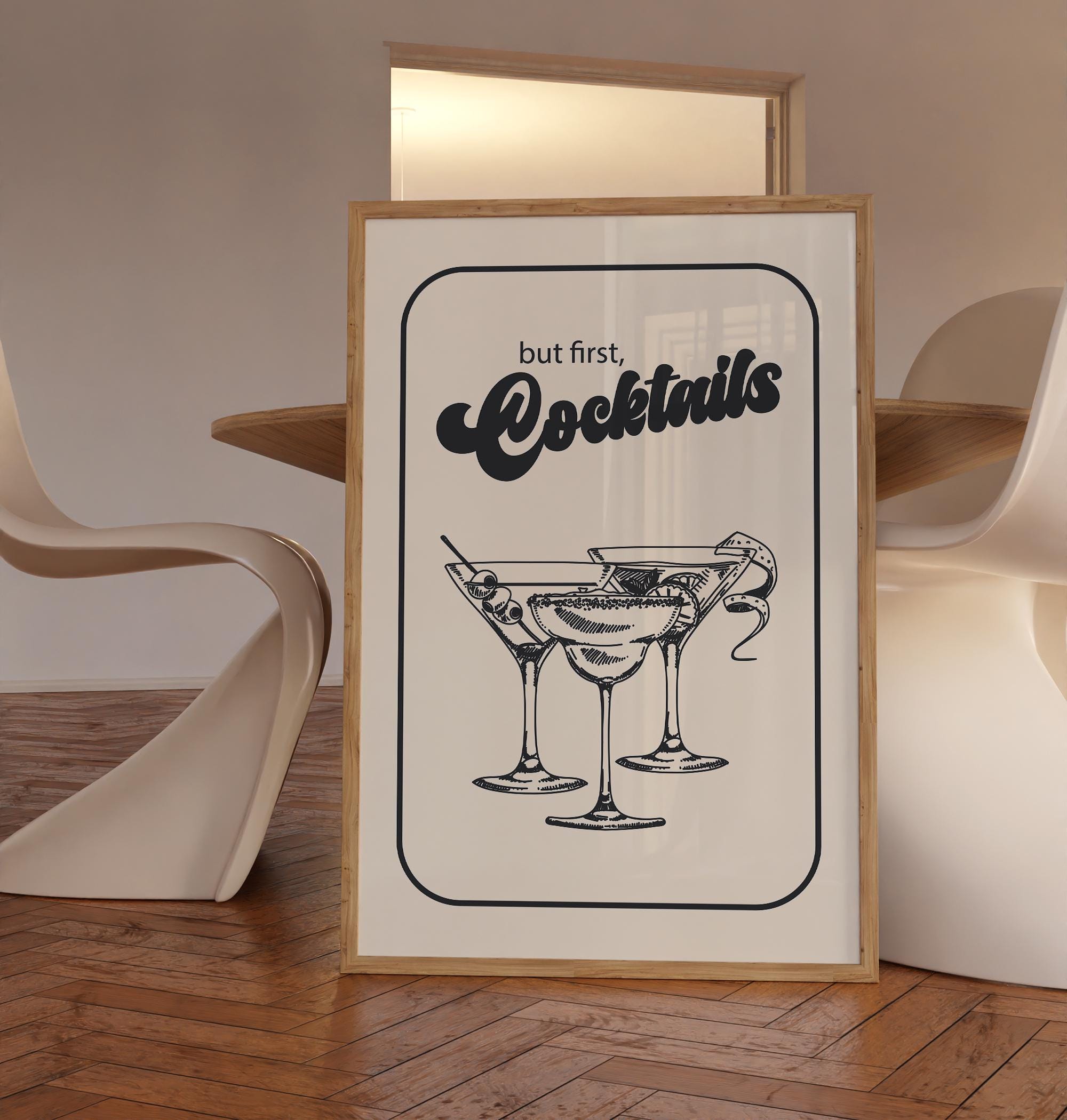 Retro Bar Cart Cocktail Print: Black & Neutral Kitchen Art (digital ...