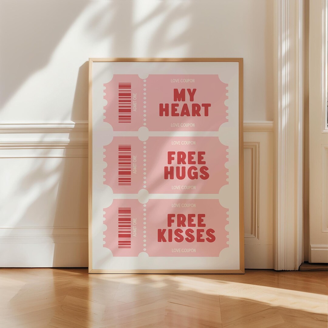 Cute Valentines Day Decor, Heart Ticket Print, Girly Wall Art, Pink Red ...