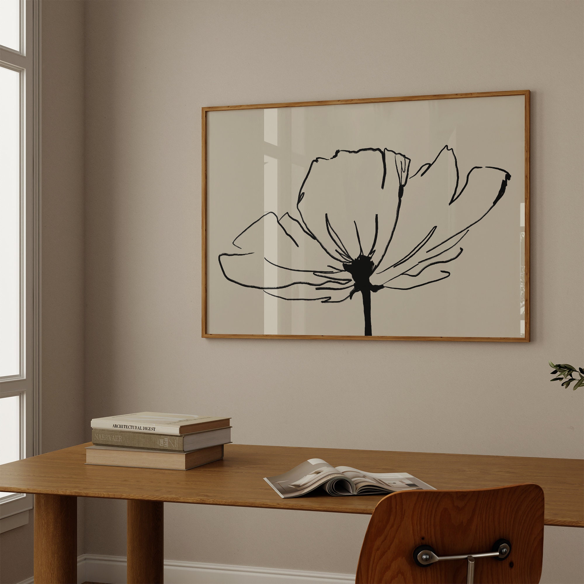 Flower Print, Minimalist Flower Poster, Earth Tones Botanical, Black ...