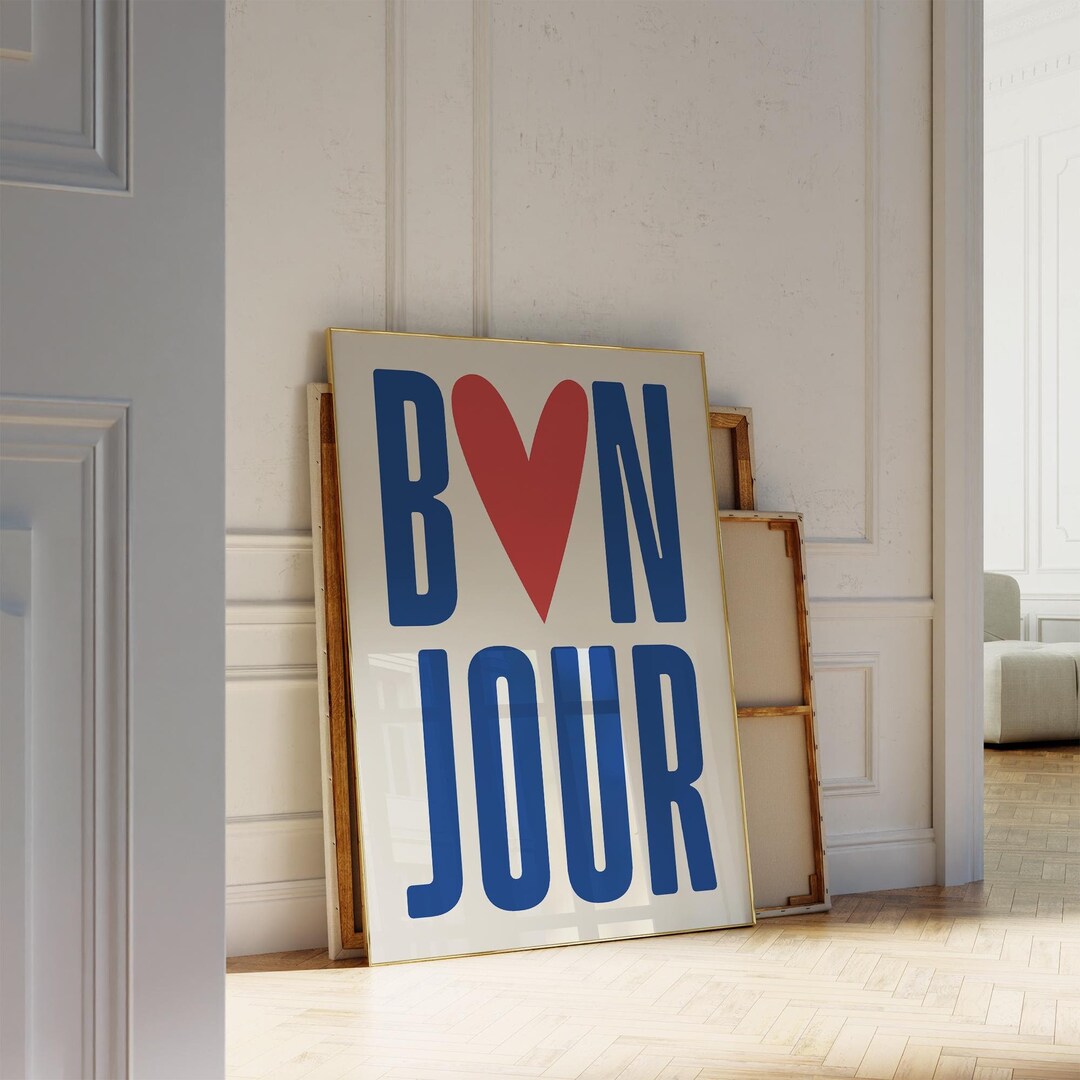 Bonjour Print, Retro Wall Art, Blue Red Typography Art, Trendy French ...