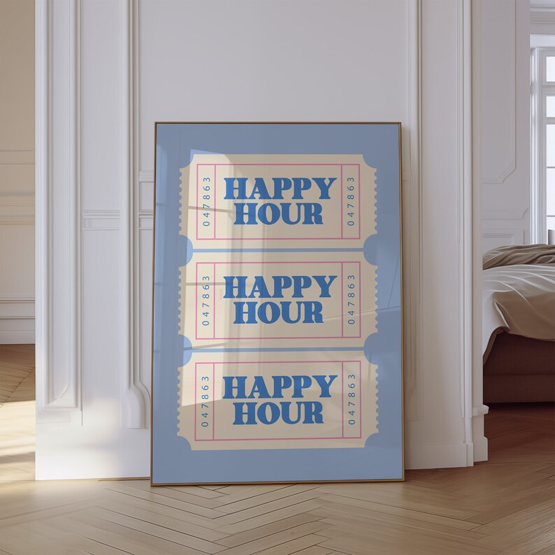 Happy Hour Ticket Print, Bar Cart Decor, Trendy Wall Art, Retro Ticket ...