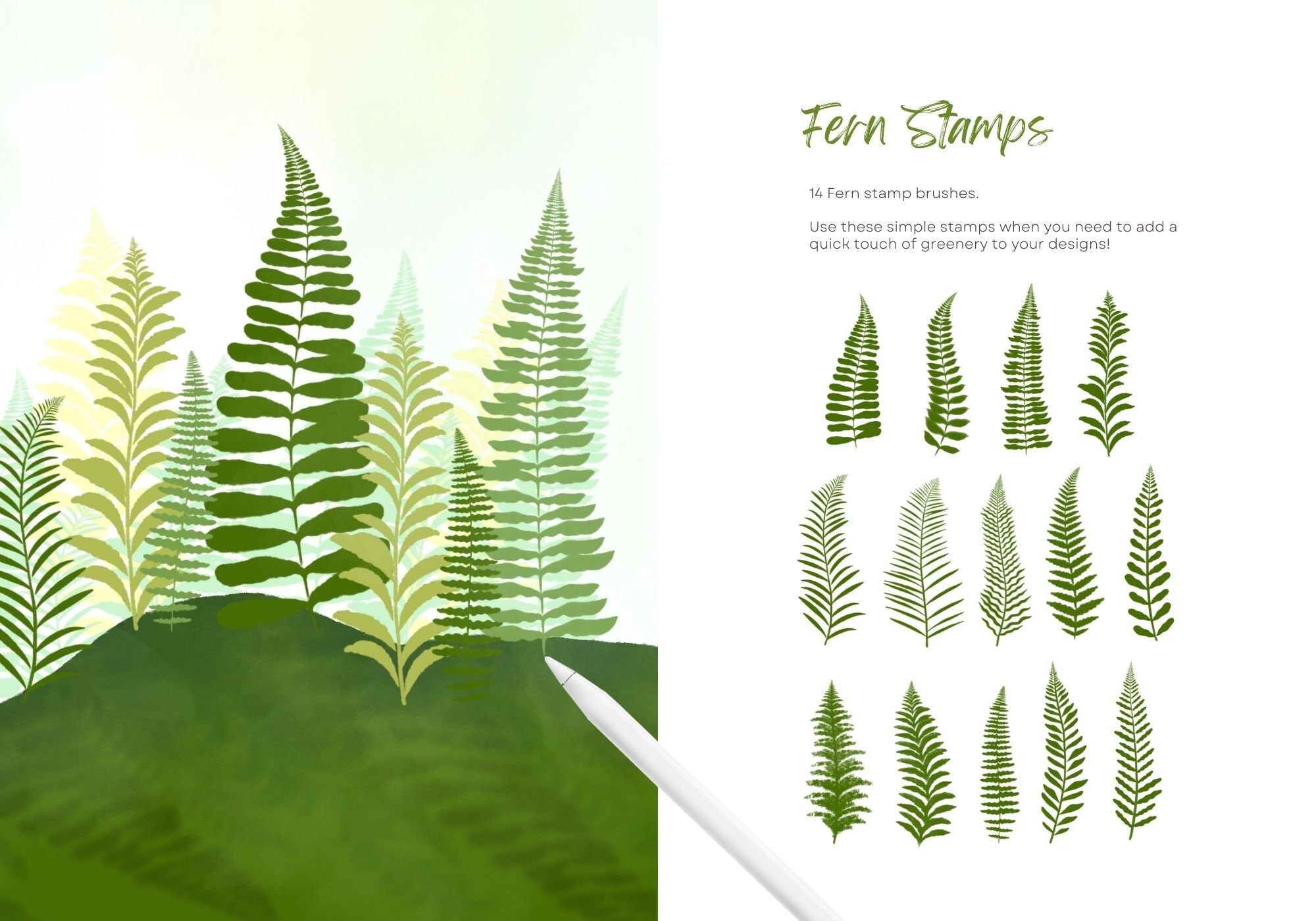 Fern Digital Art Brushes for Procreate, 44 Watercolor Greenery Brushes ...