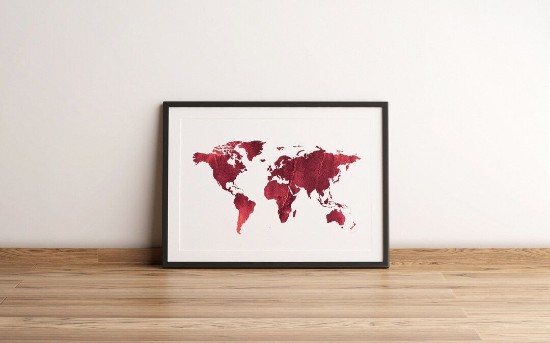 World Map Wall Art, Red World Map, World Map Digital Download, World ...