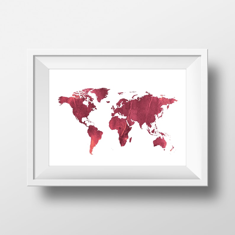 World Map Wall Art, Red World Map, World Map Digital Download, World ...