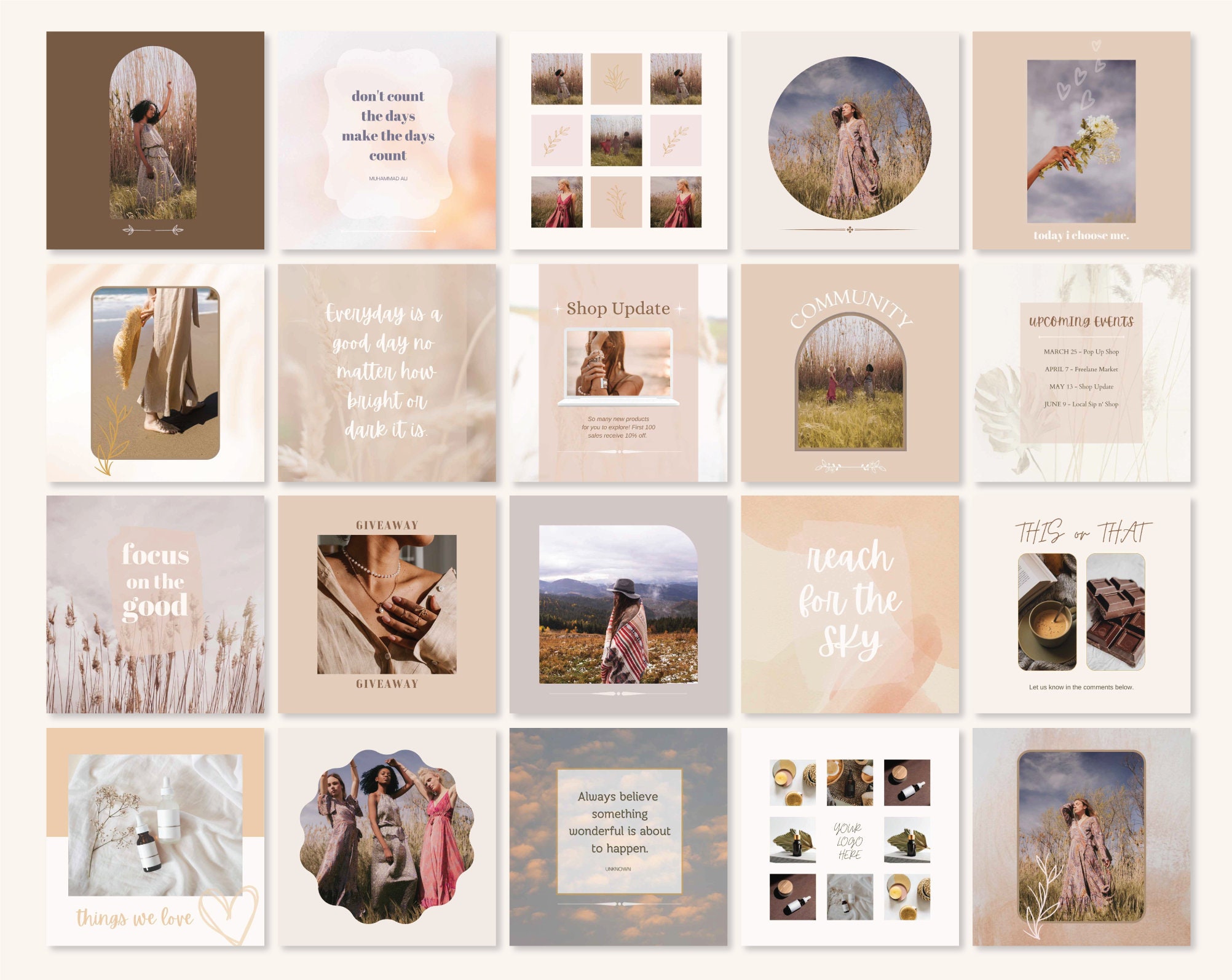 50 Instagram Square Post Templates, Editable Canva Templates, Boho ...