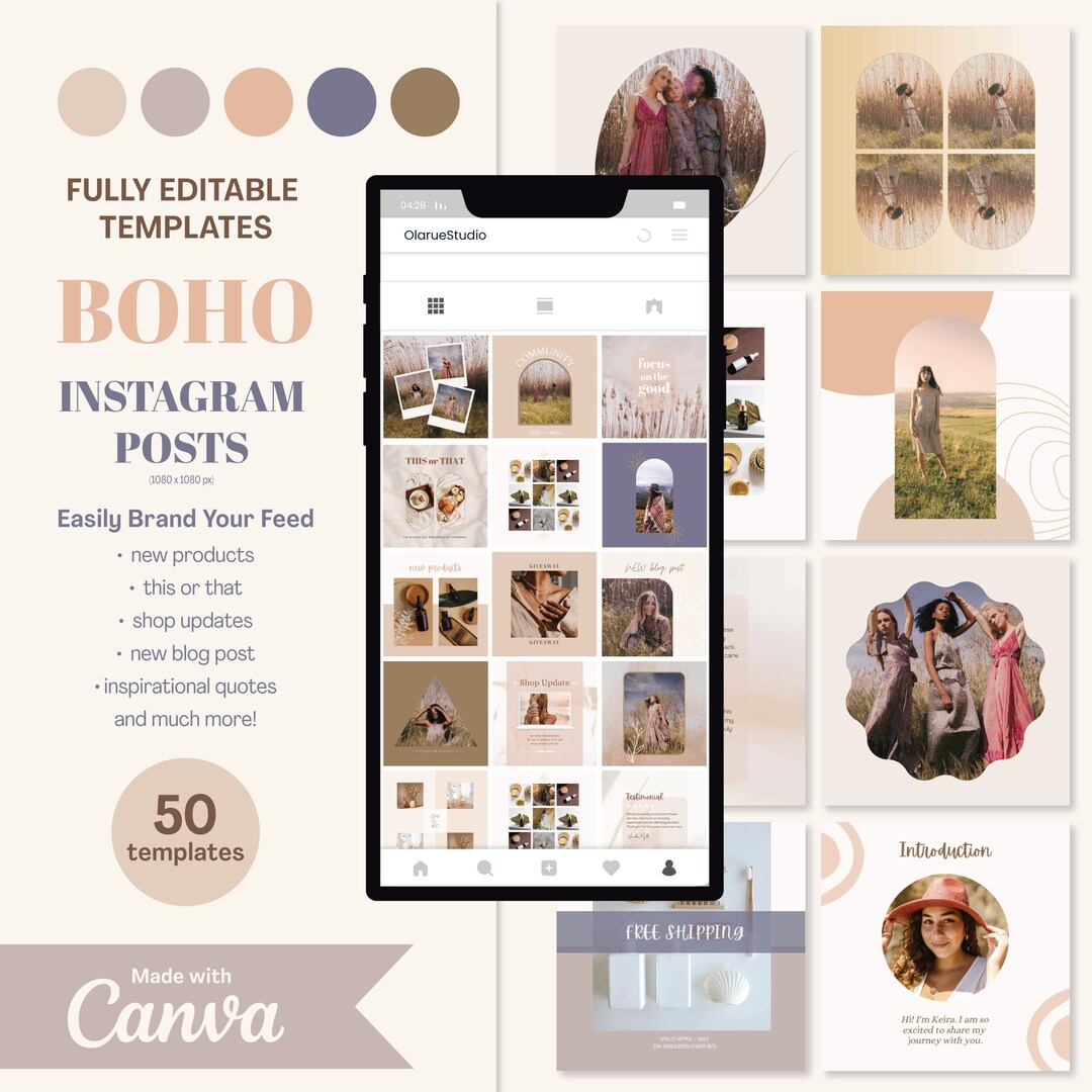 50 Instagram Square Post Templates, Editable Canva Templates, Boho ...