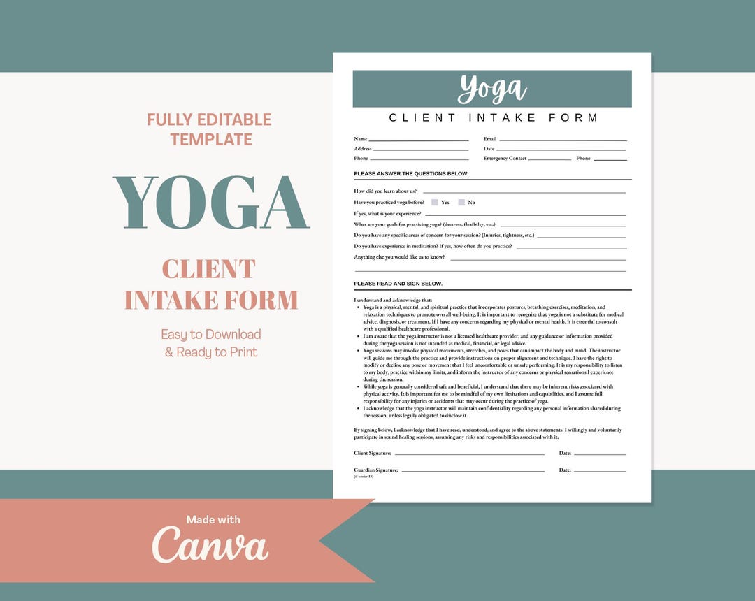Customizable Yoga Client Intake Form Made in Canva for Yoga Practioners ...