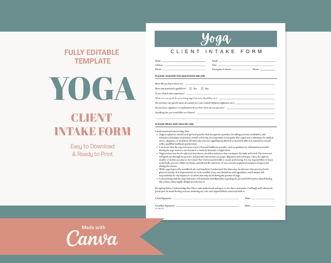 Customizable Yoga Client Intake Form: Canva Template (digital Download ...