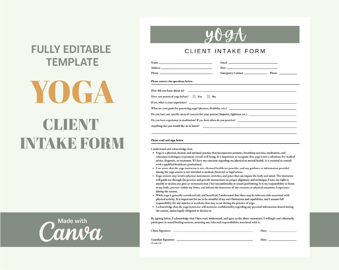 Customizable Yoga Client Intake Form Made in Canva for Yoga - Etsy