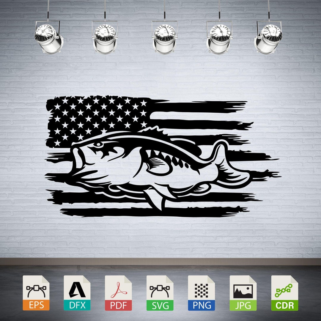Flag Bass Fish Svg, Us Flag Fish Dxf, Download Digital Vector Files for ...