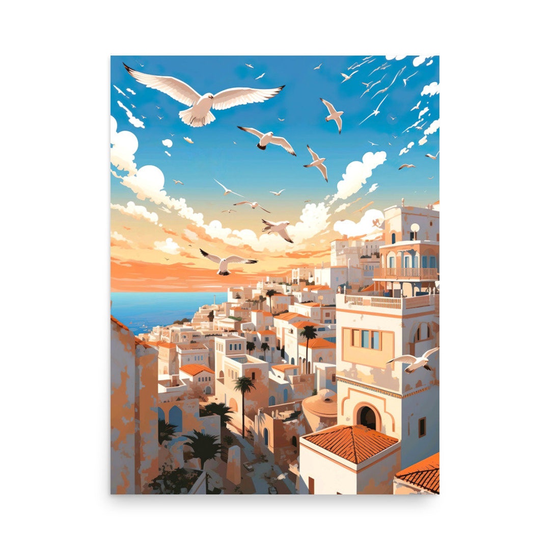 Affiche ville d'Alger avec la mer et les mouettes | Poster vintage pour ...