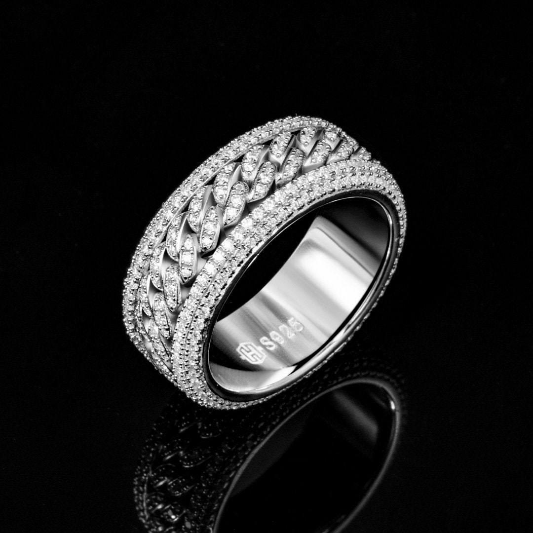 VVS Moissanite Diamond Iced Out Rotable Cuban Link Ring| Silver S925 ...