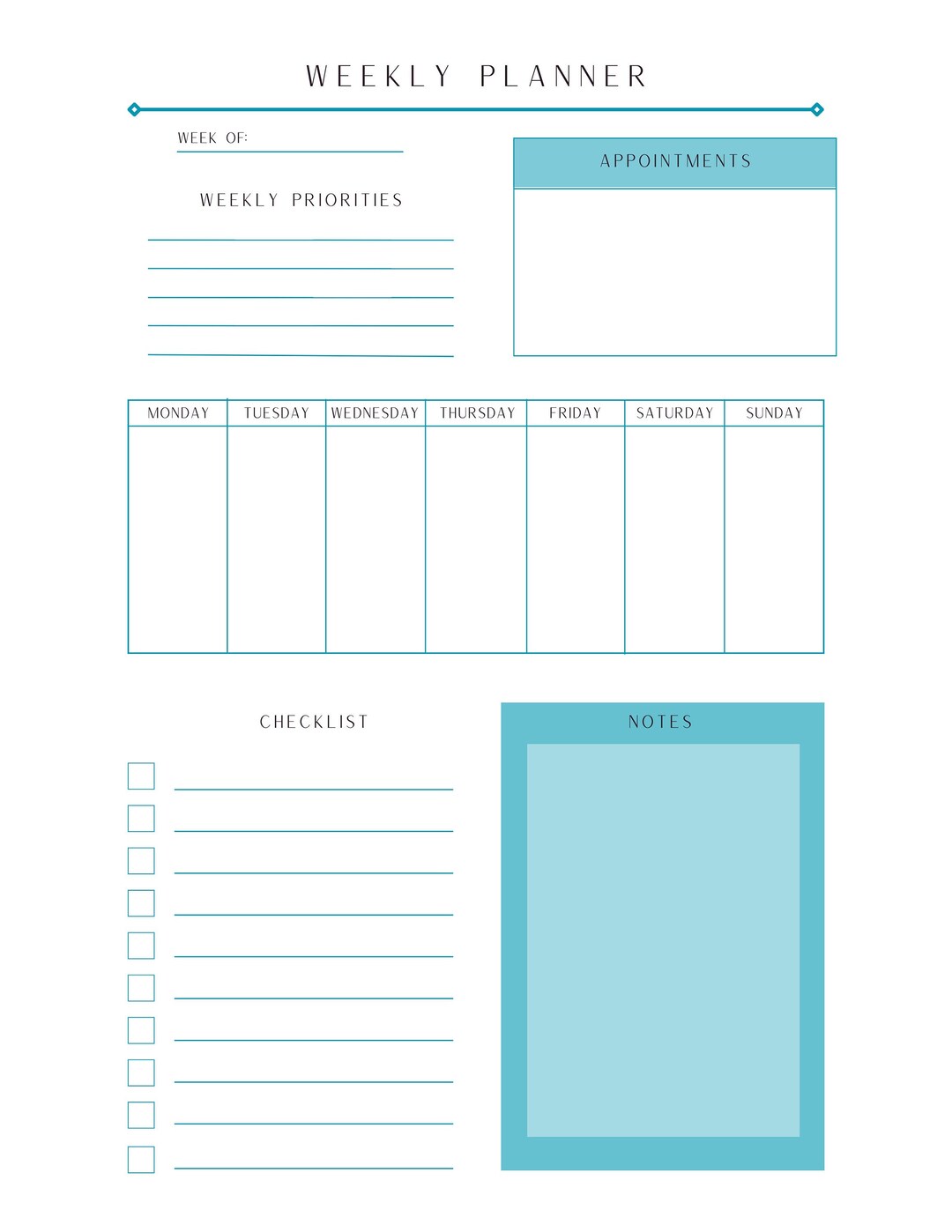 Weekly Planner Digital and Printable | Turquoise Blue - Etsy