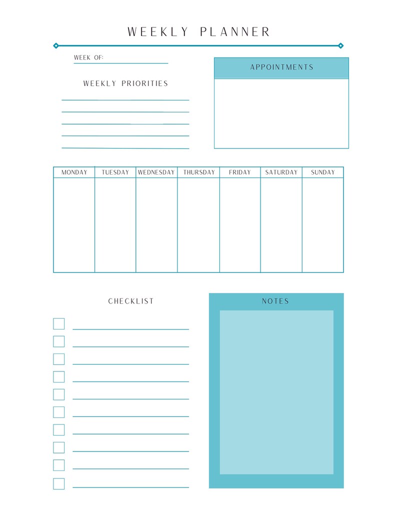 Weekly Planner Digital and Printable | Turquoise Blue - Etsy