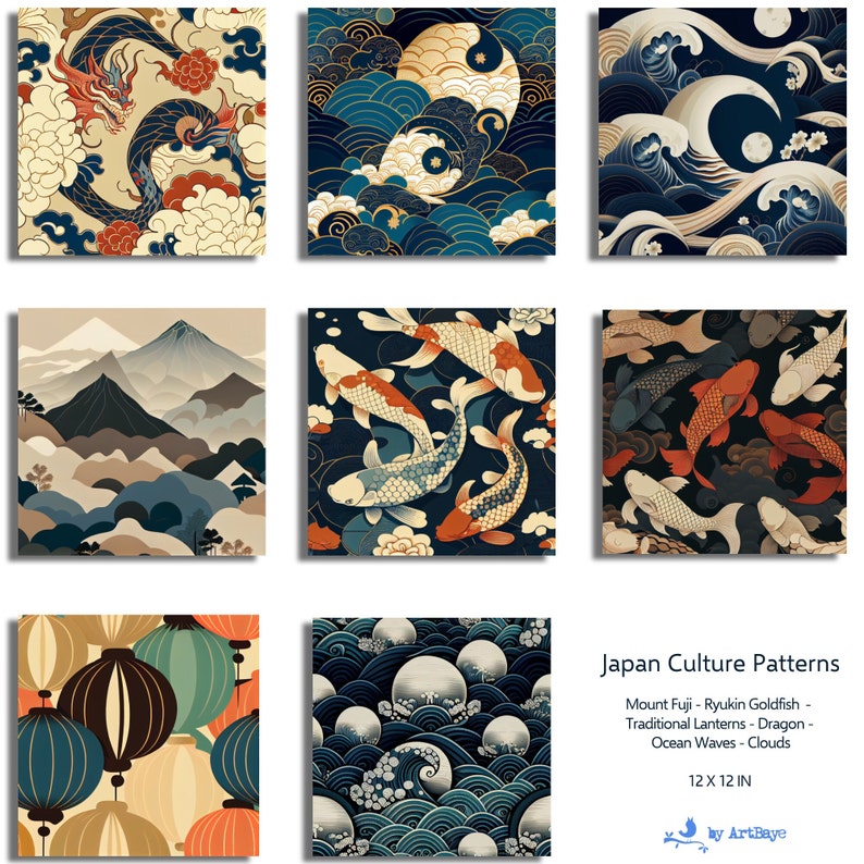 Japanese Culture Themed Digital Paper Set - Printable Background - 8 ...