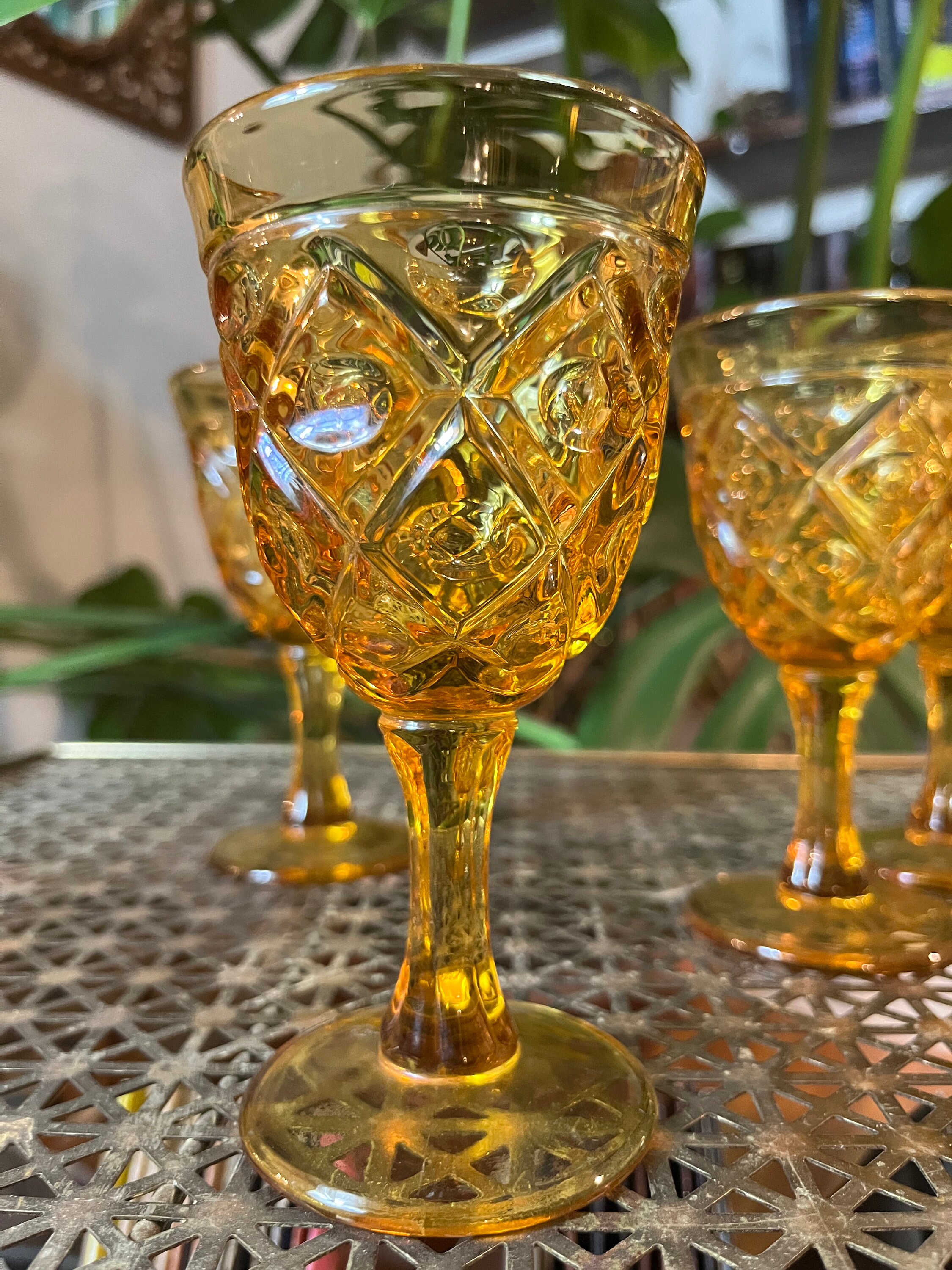 Viking Diamond Thumbprint Amber Glass Wine Goblet - Set of 4 - Etsy