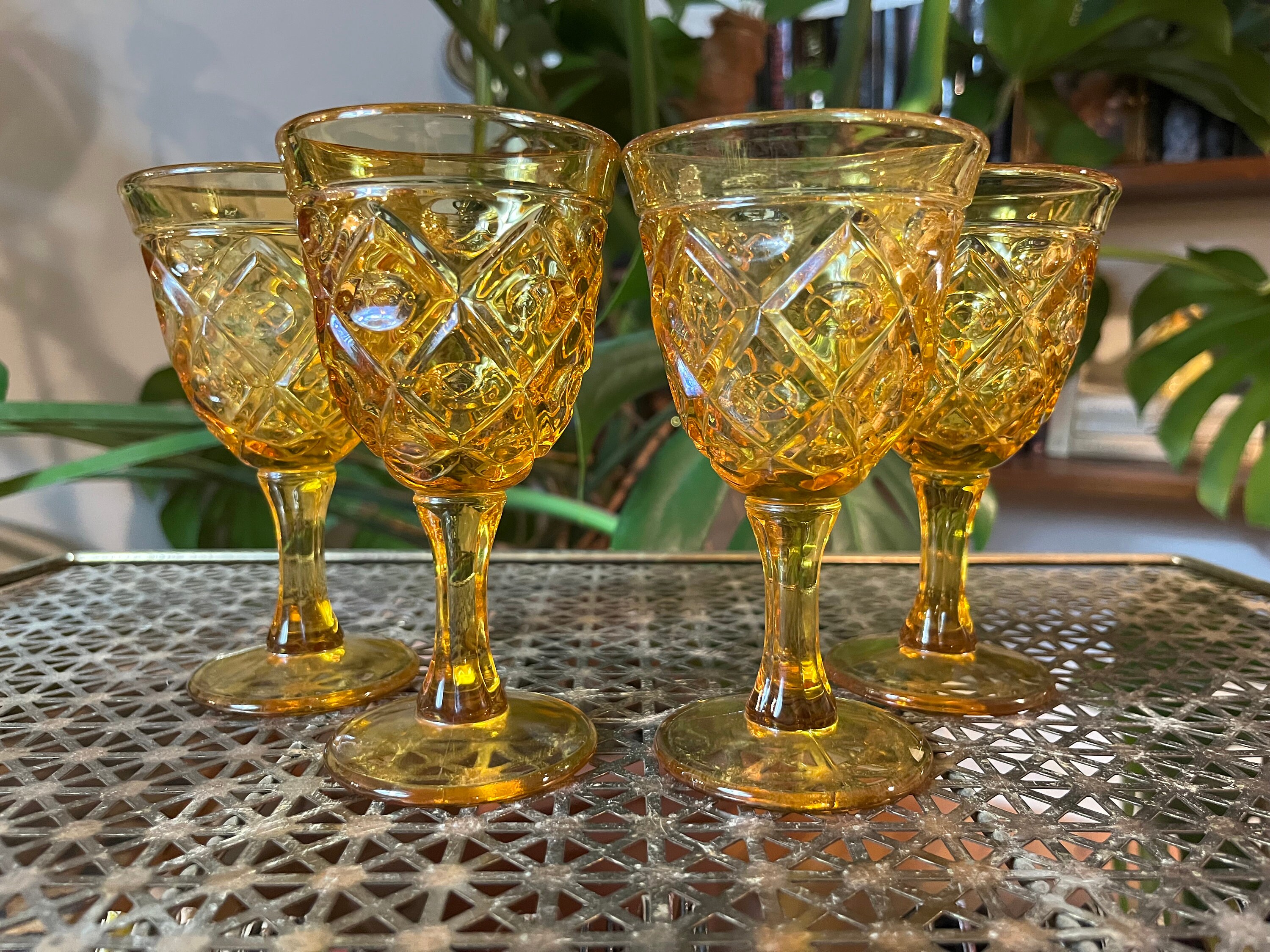 Viking Diamond Thumbprint Amber Glass Wine Goblet - Set of 4 - Etsy