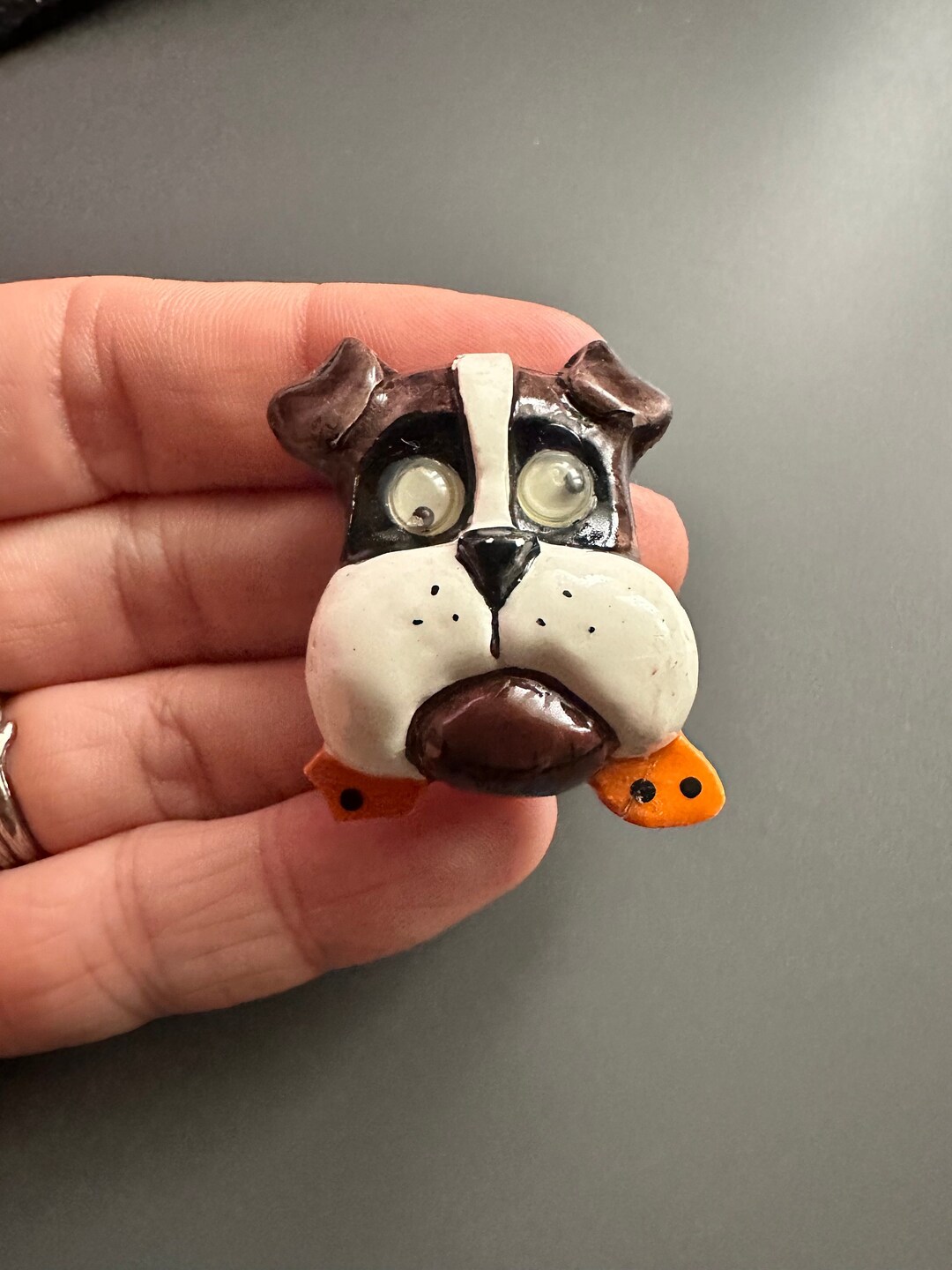 Vintage 3D Dog Head With Googly Eyes and Orange Collar Lapel Pin Badge ...