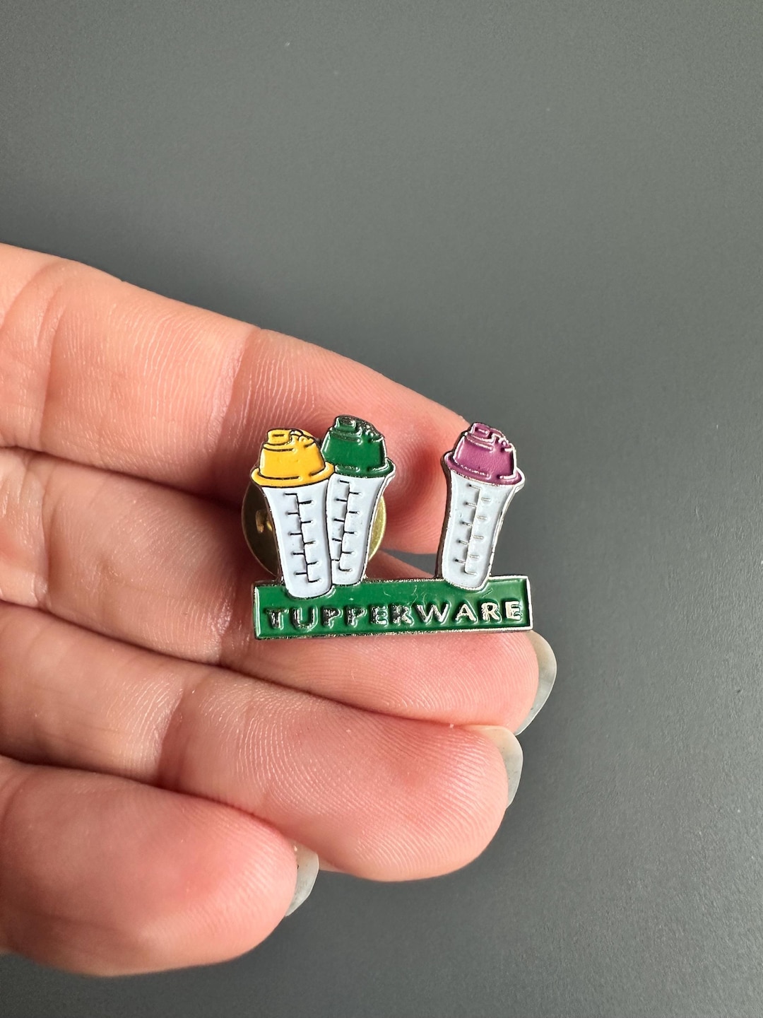 Vintage Tupperware Measuring Bottles Canister Enamel Lapel Pin Badge ...