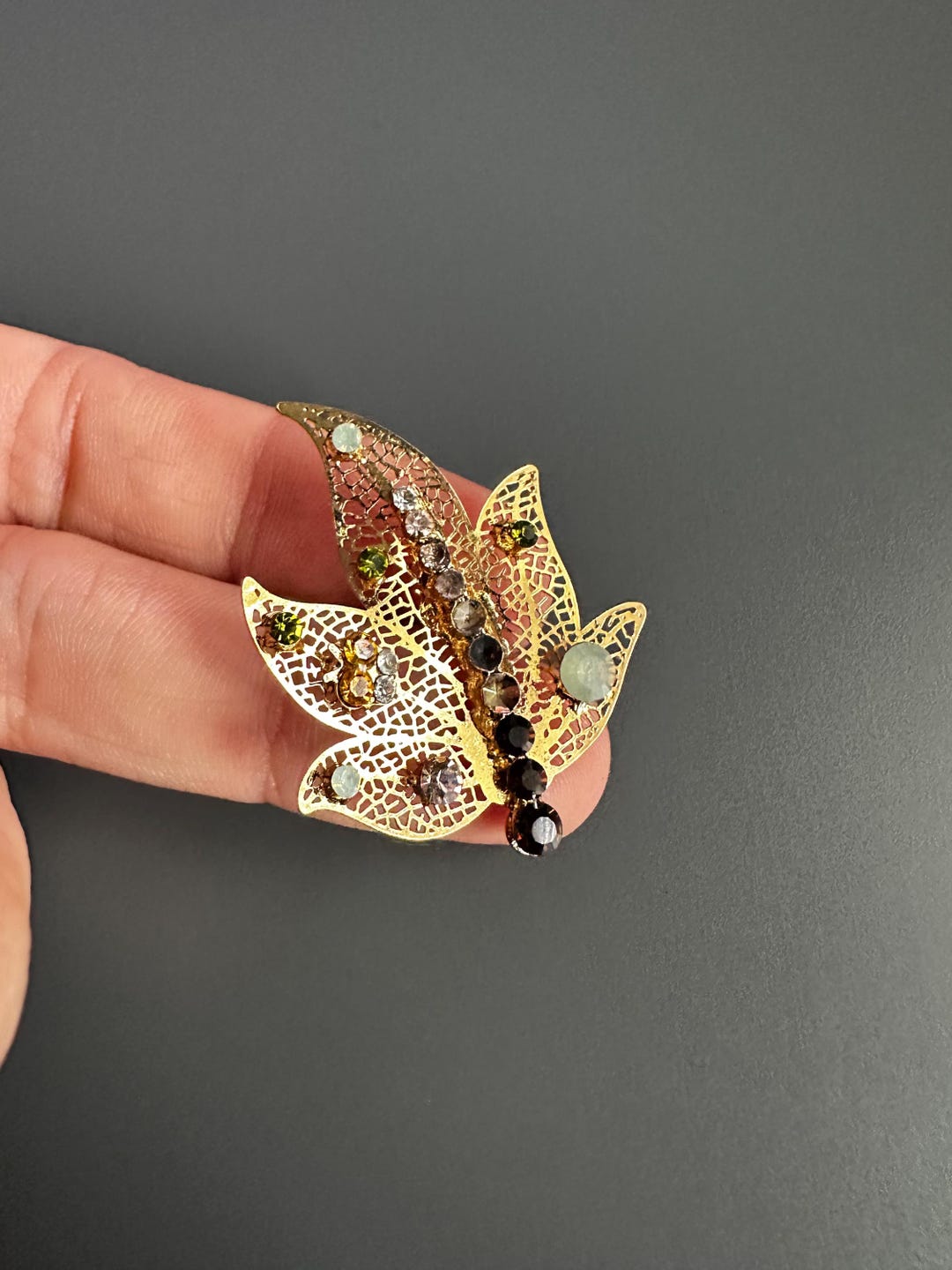 Vintage Gold-tone Filigree Autumn Canadian Maple Leaf With Rhinestones ...