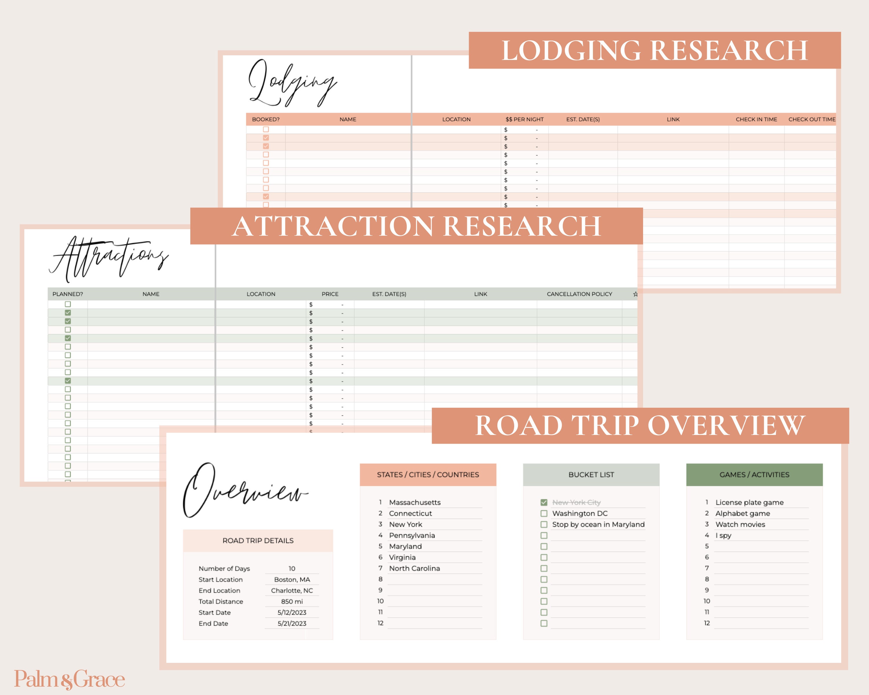 Road Trip Planner Spreadsheet, Digital Family Vacation Travel Planner ...