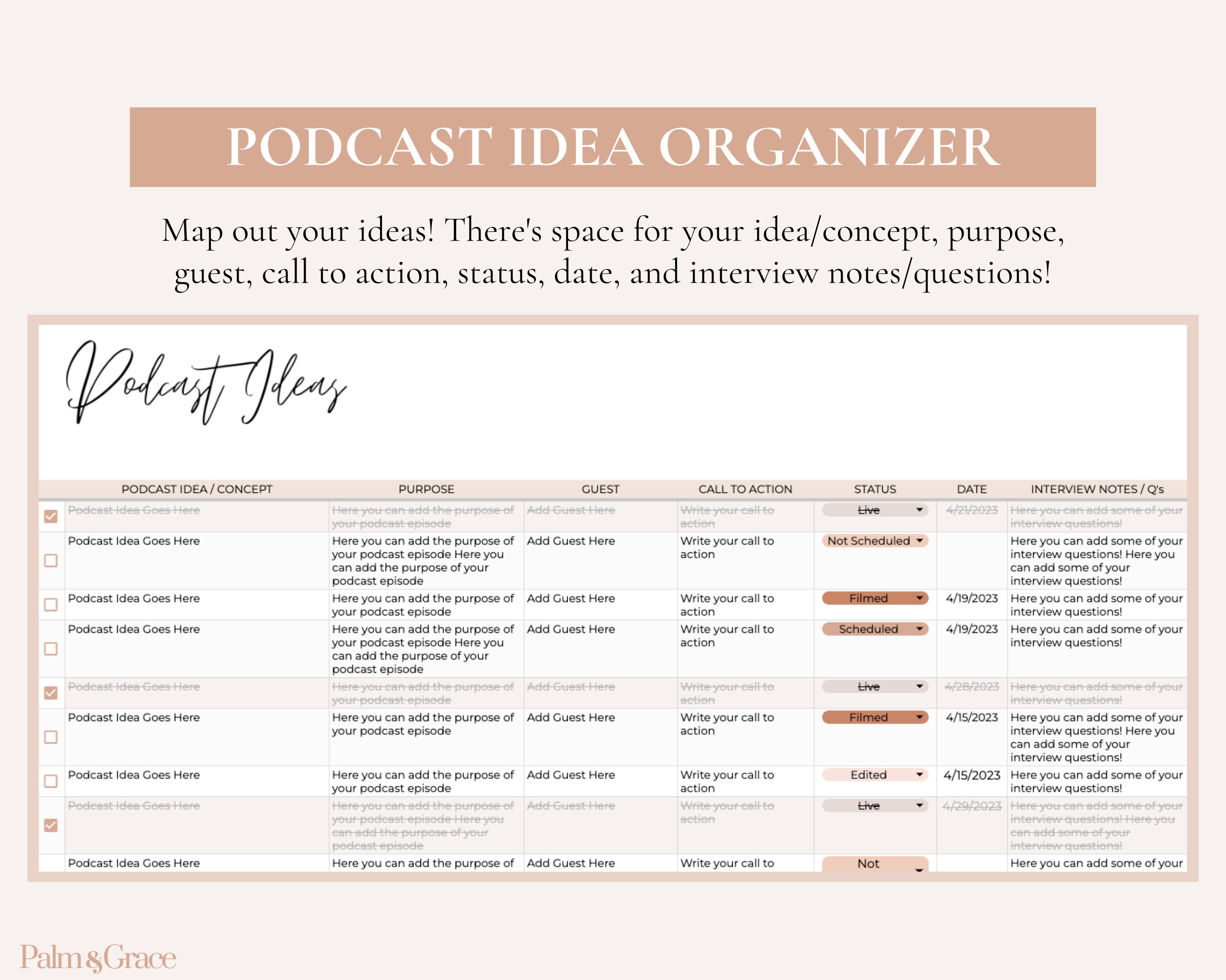 Podcast Planner Template Google Sheets, Digital Content Planner and ...