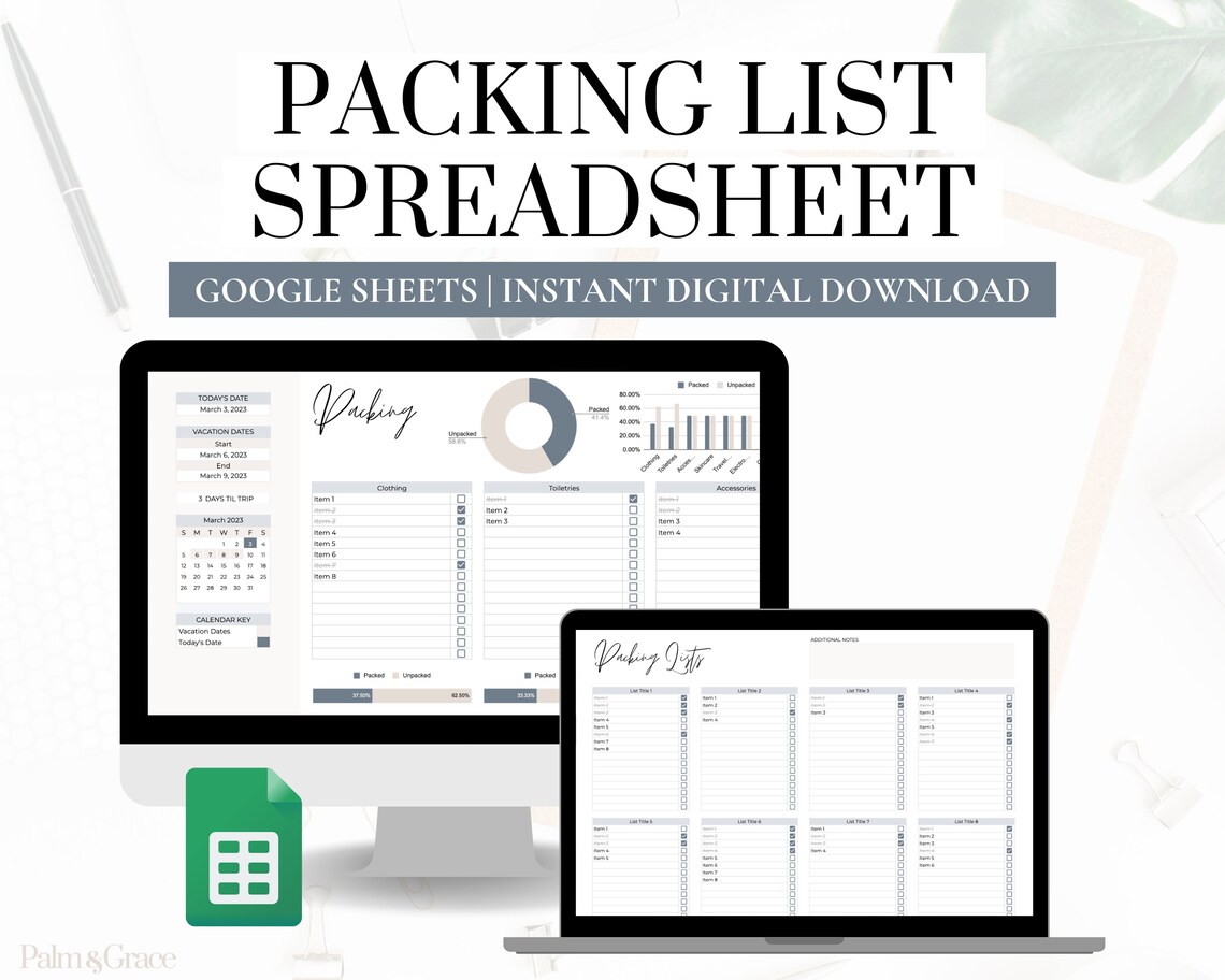 Google Sheets Editable Packing List Packing Checklist Travel - Etsy