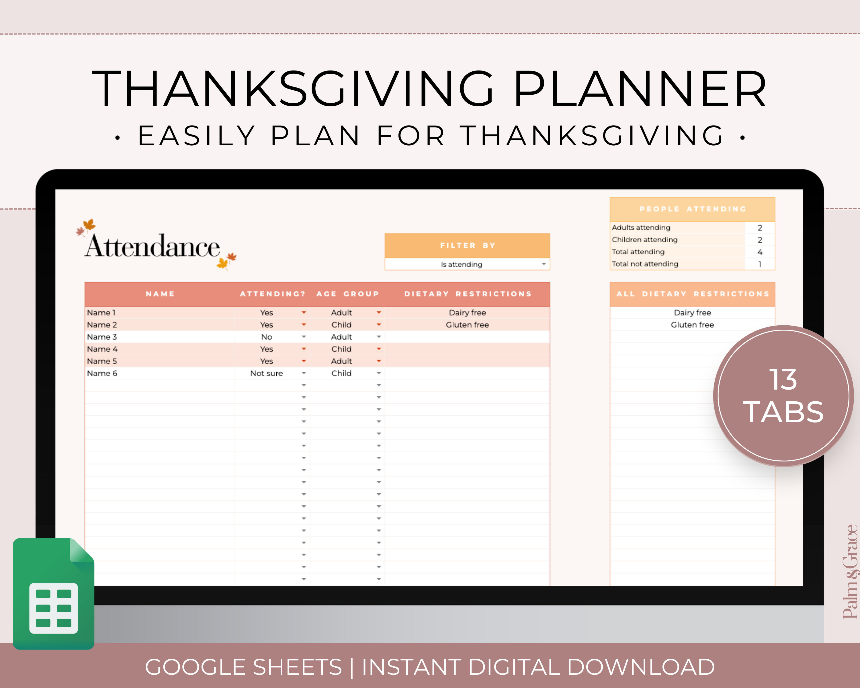 Thanksgiving Planner Spreadsheet, Thanksgiving Meal Planner ...