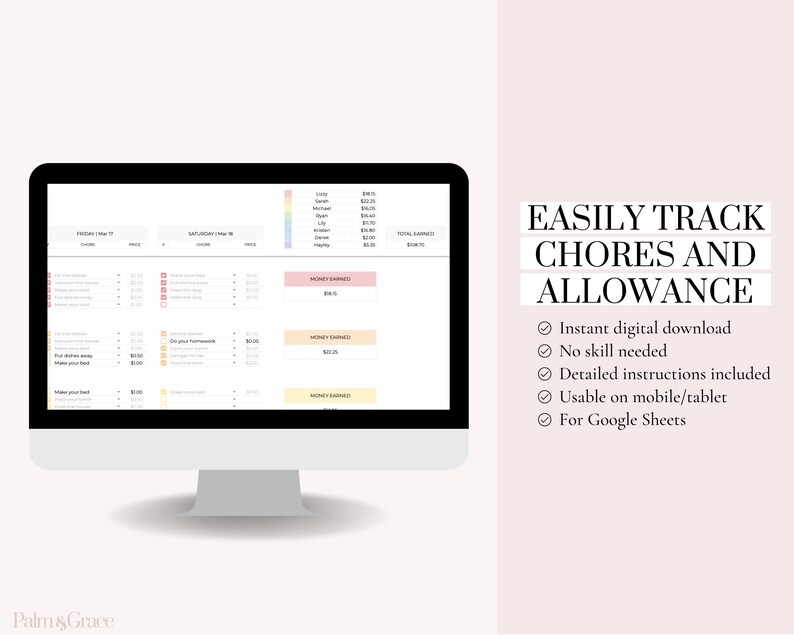Digital Allowance Chart, Chore Chart for Kids, Family Allowance Tracker ...