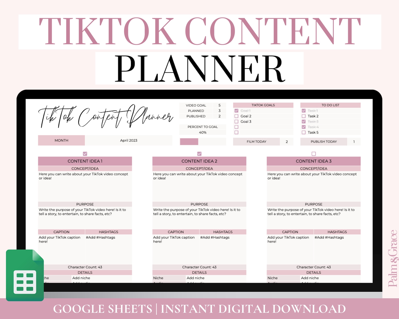 Tiktok Content Planner Template, Google Sheets Social Media Content Planner, Tiktok Planner ...