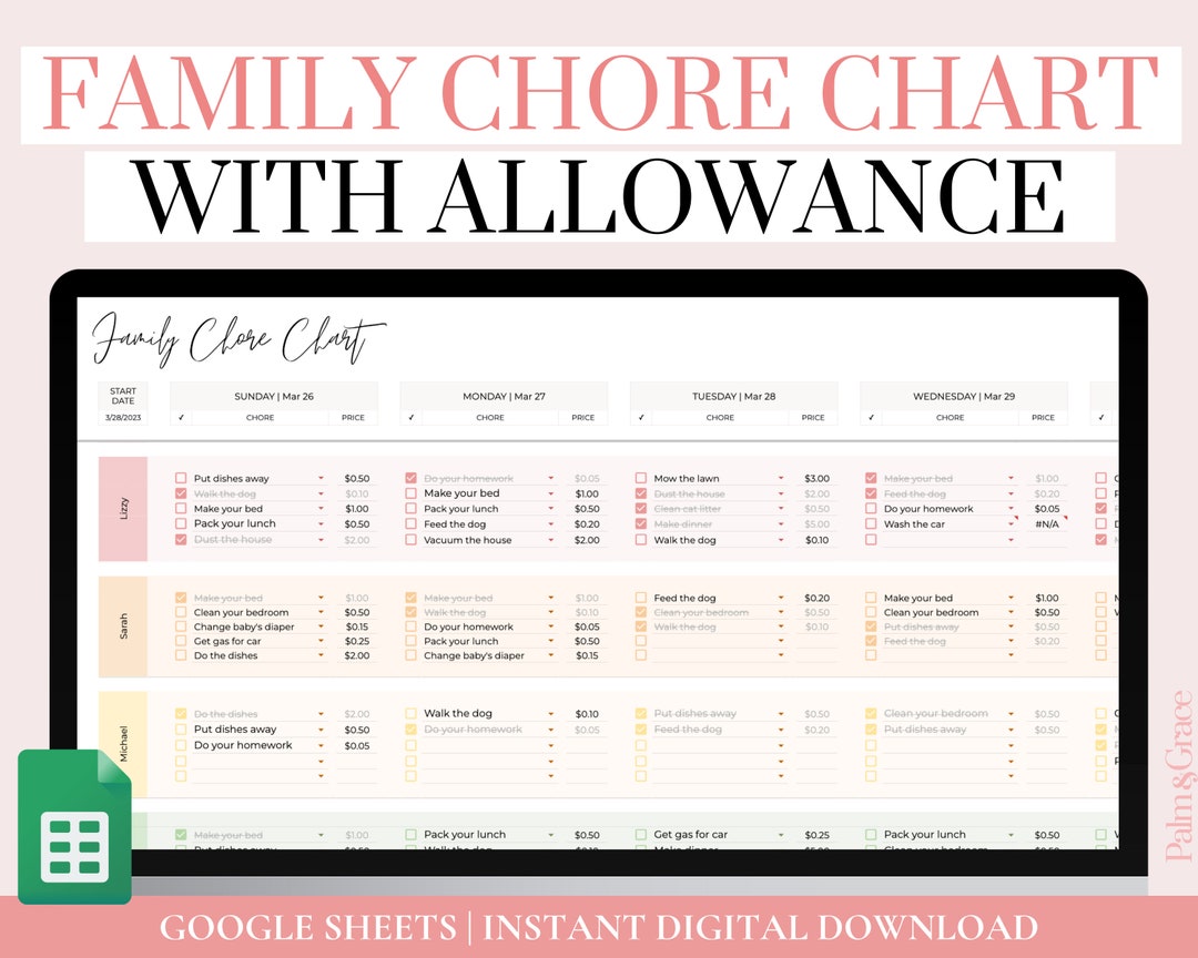 Google Sheets Family Chore Chart Template, Allowance Tracker, Digital ...