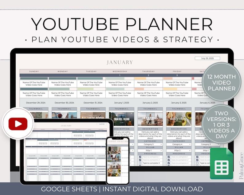 Youtube Planner Spreadsheet Template, Digital Youtube Content Planner ...