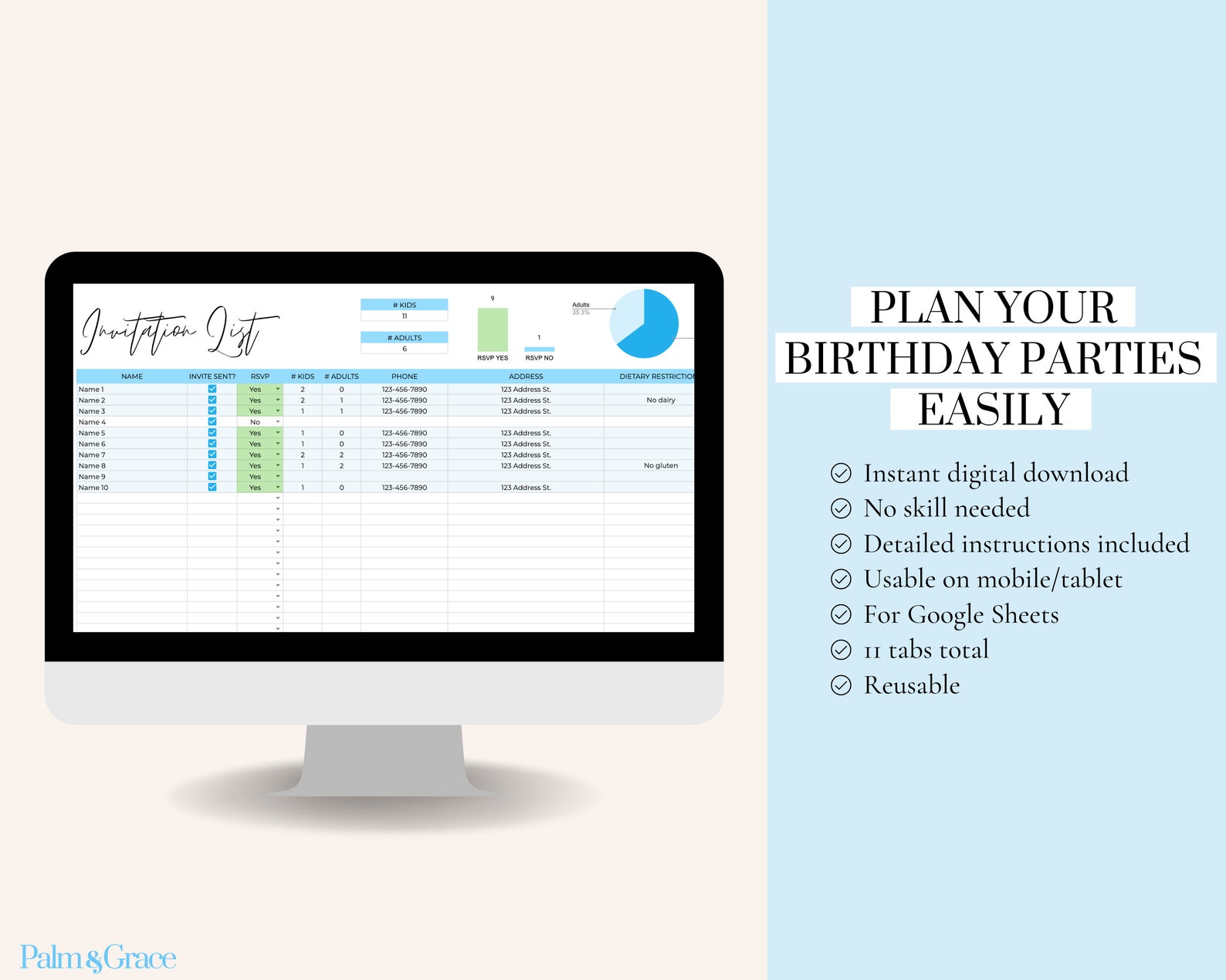 Digital Party Planning Spreadsheet, Google Sheets Birthday Party ...