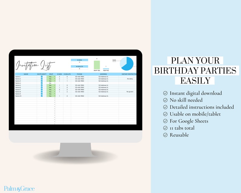 Digital Party Planning Spreadsheet, Google Sheets Birthday Party ...