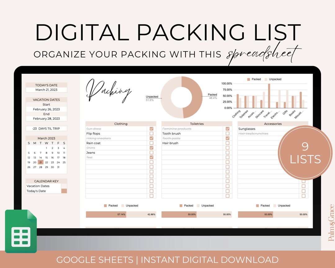 Packing List Spreadsheet Template, Editable Packing Checklist, Vacation ...