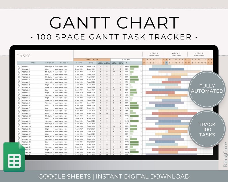 100 Spaces Gantt Chart Google Sheets Template, Automated Project ...