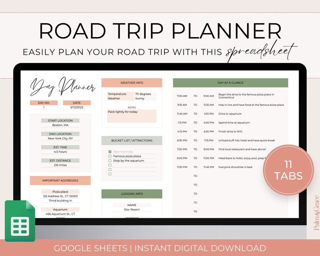 Road Trip Planner Spreadsheet, Digital Family Vacation Travel Planner ...