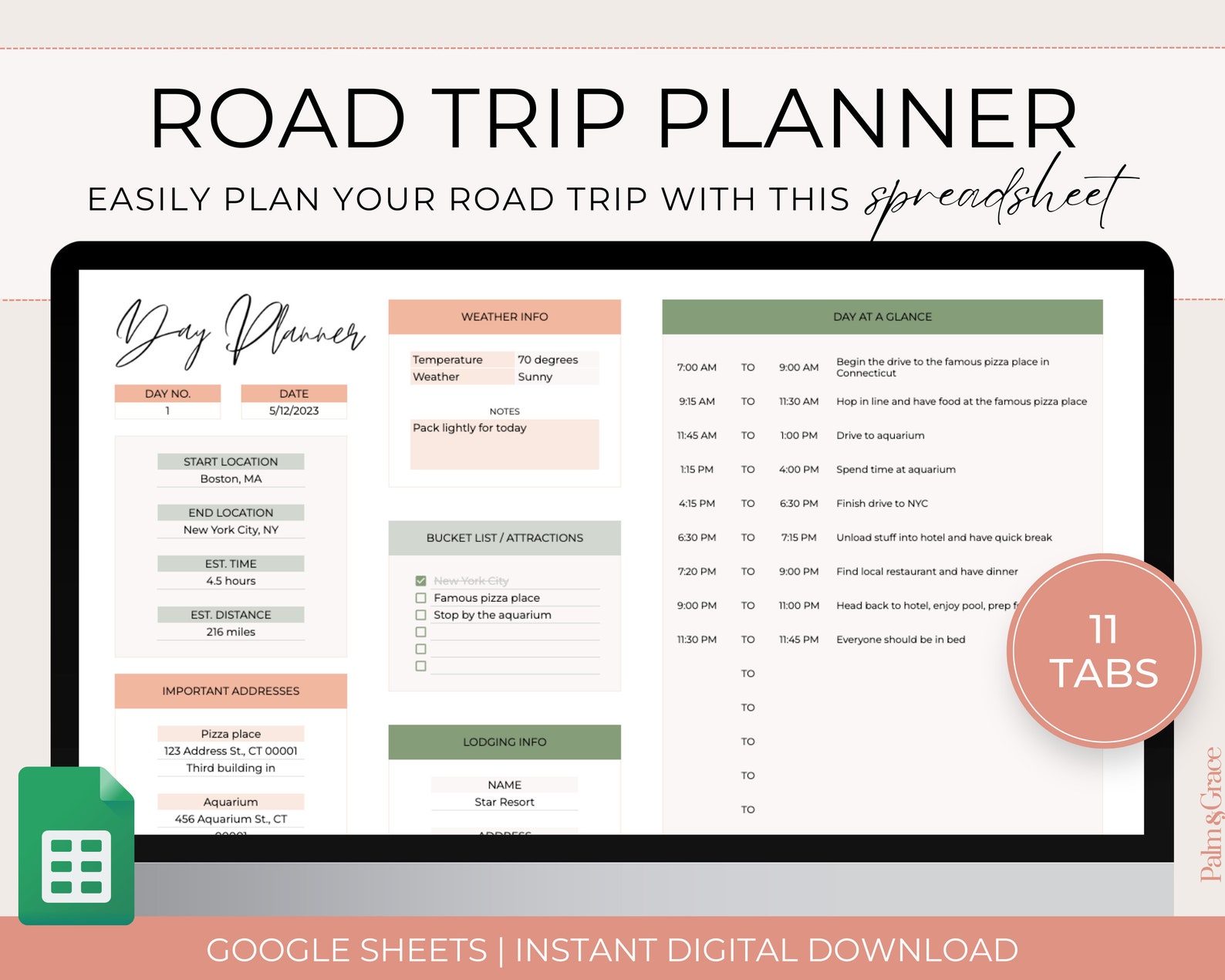 Road Trip Planner Spreadsheet, Digital Family Vacation Travel Planner ...