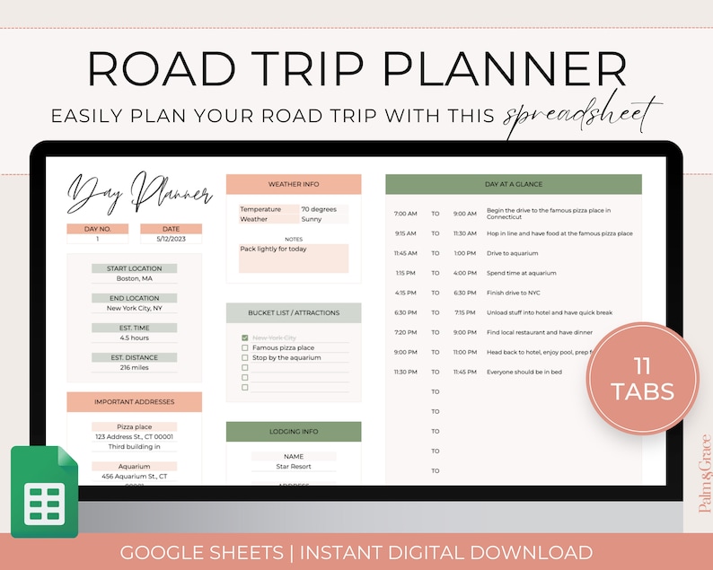Road Trip Planner Spreadsheet, Digital Family Vacation Travel Planner ...