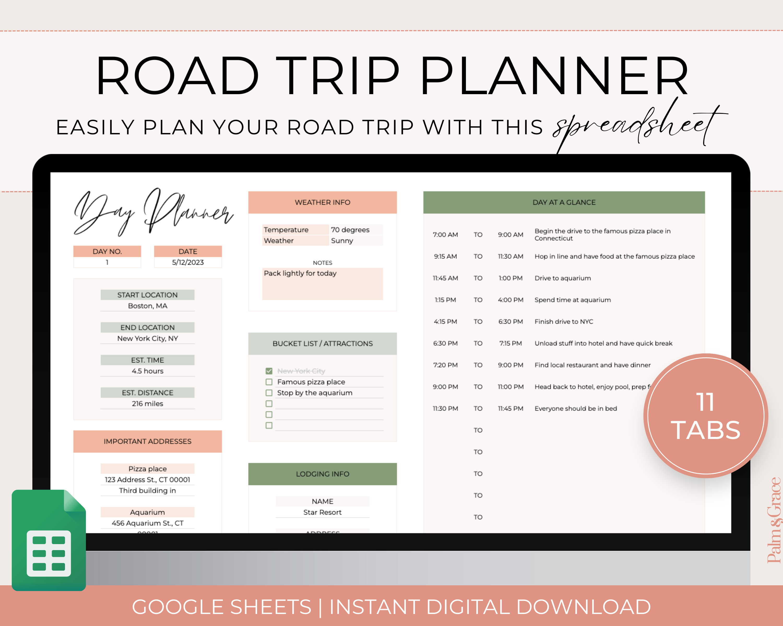 Road Trip Planner Spreadsheet, Digital Family Vacation Travel Planner ...