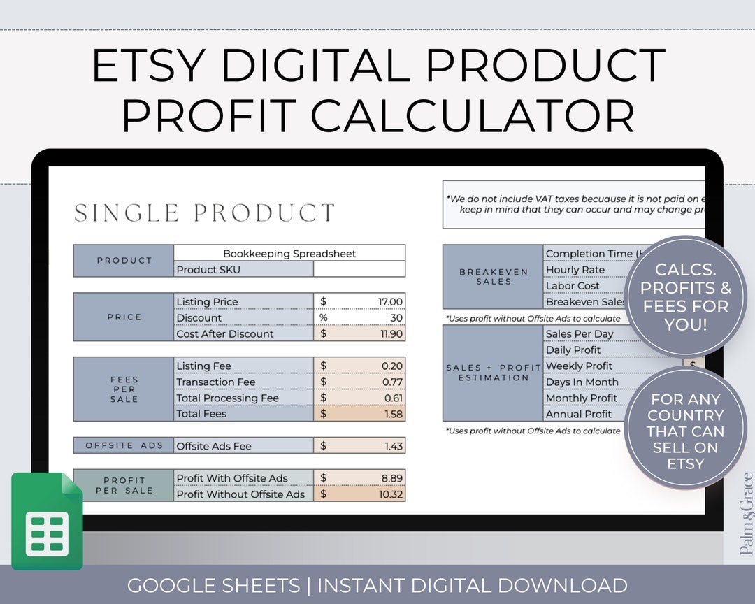 Etsy Digital Product Profit Calculator for Google Sheets, Etsy Digital ...