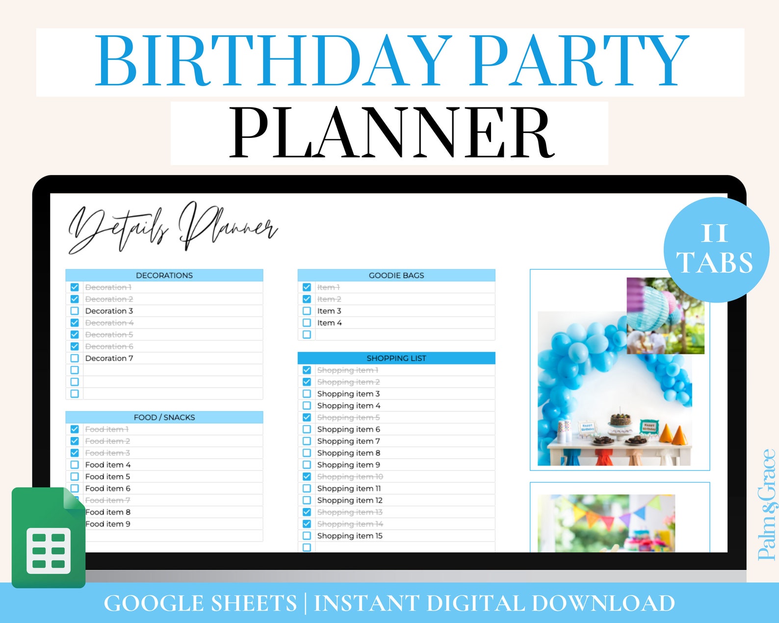 Digital Party Planning Spreadsheet, Google Sheets Birthday Party Planner, Birthday Planner and ...