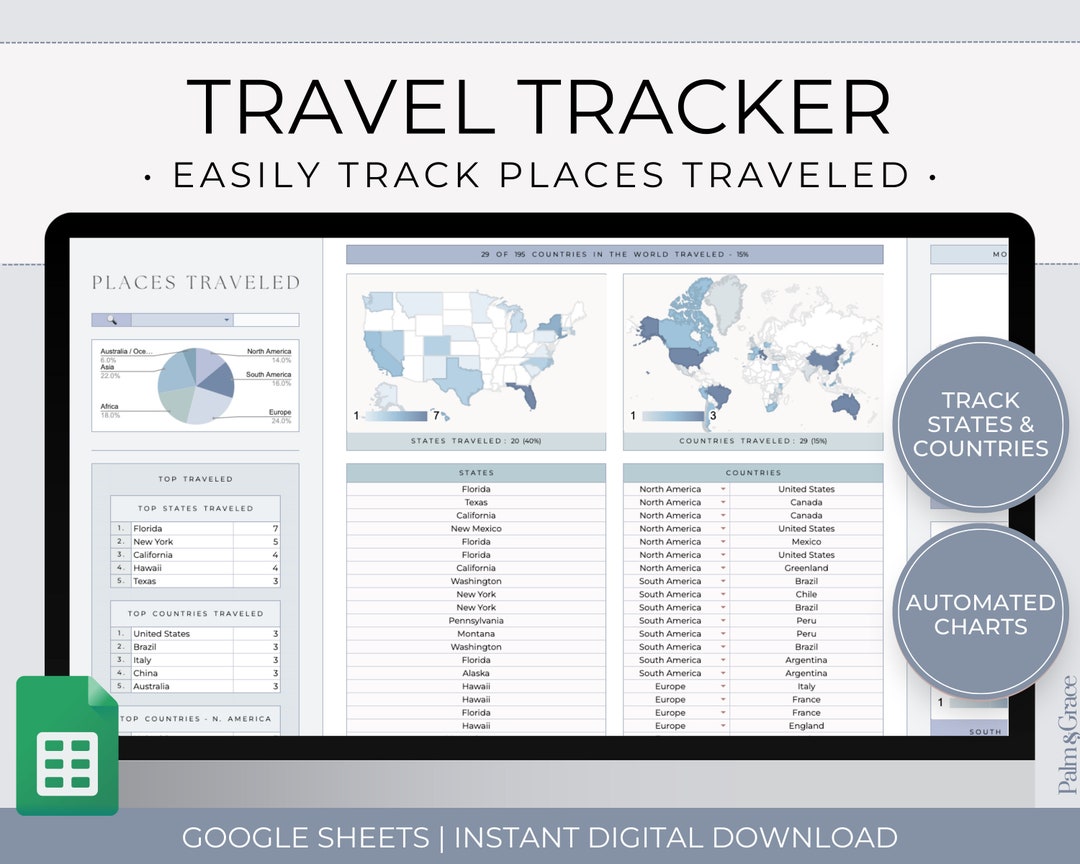 Travel Tracker Spreadsheet, Google Sheets Places Traveled Map, Digital Travel Tracker World Map ...